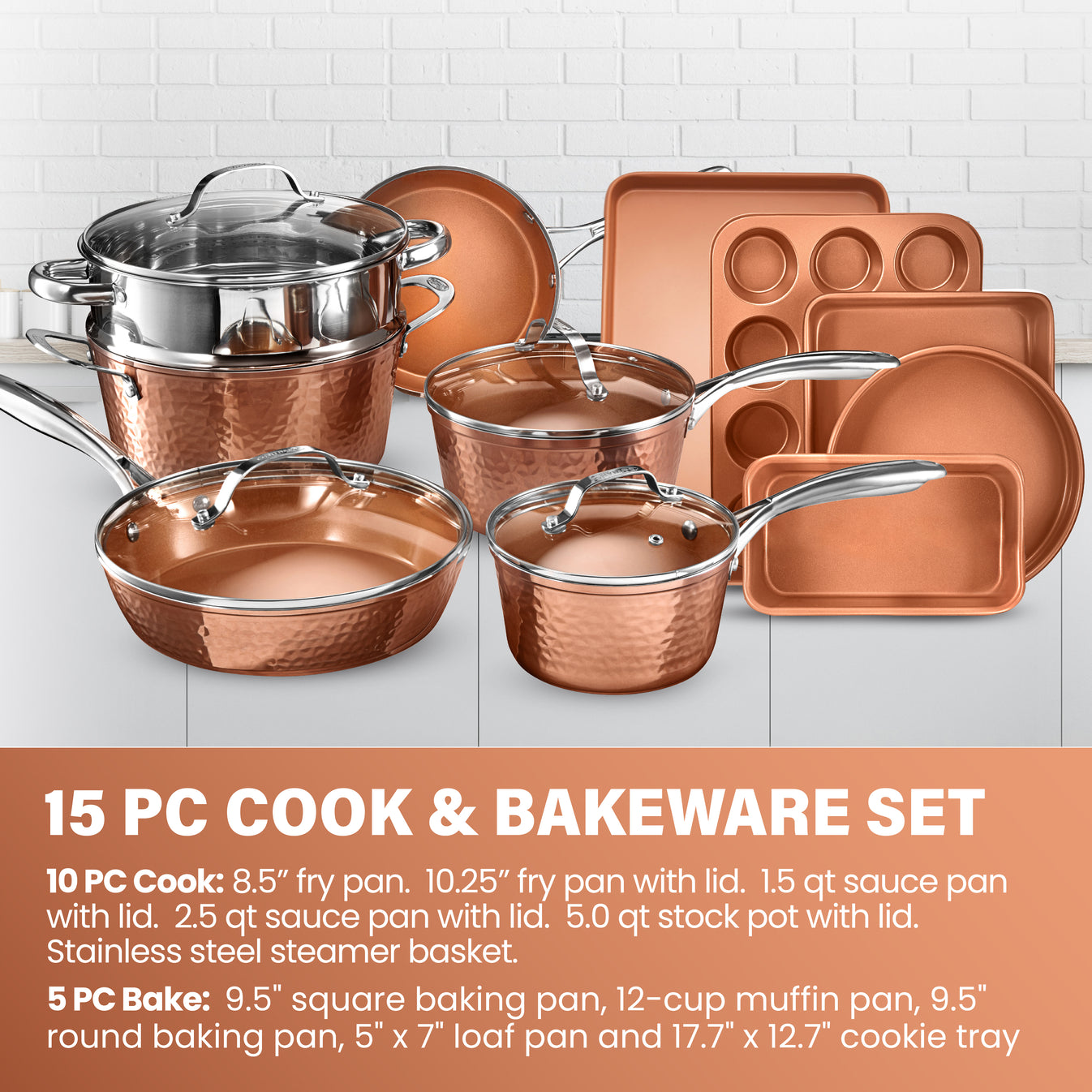Hammered Copper 15-Piece Cookware and Bakeware Set – Gotham Steel