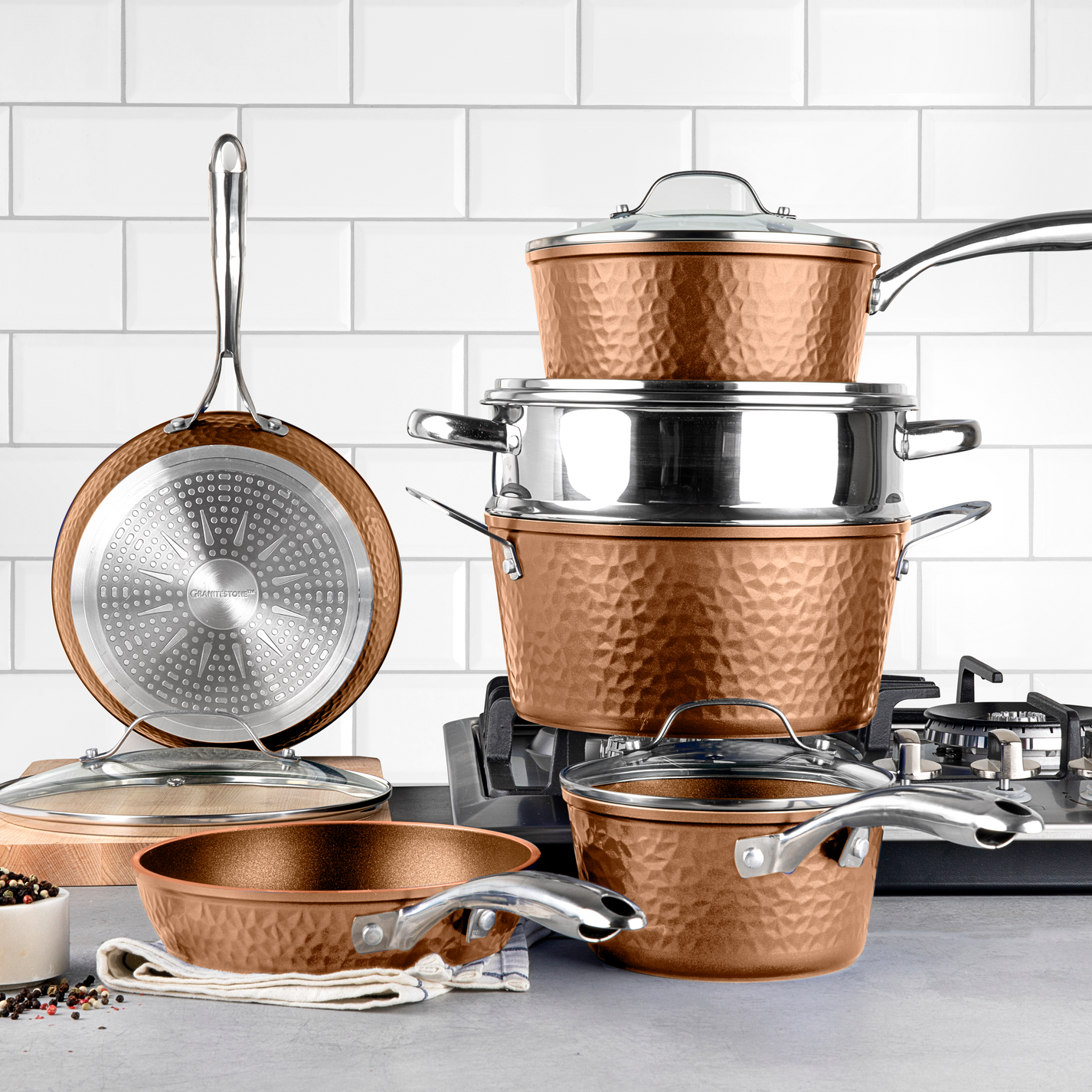 Hammered Copper Cookware Bundle with Utensils and Steamer – Gotham Steel